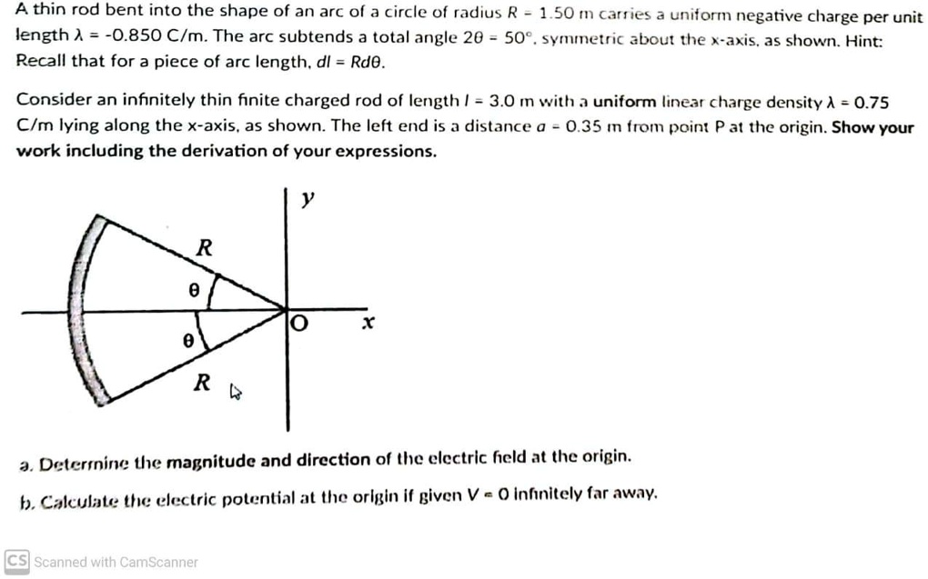 SOLVED: A thin rod bent into the shape of an arc of a circle with radius R = 1.50 m carries a ...
