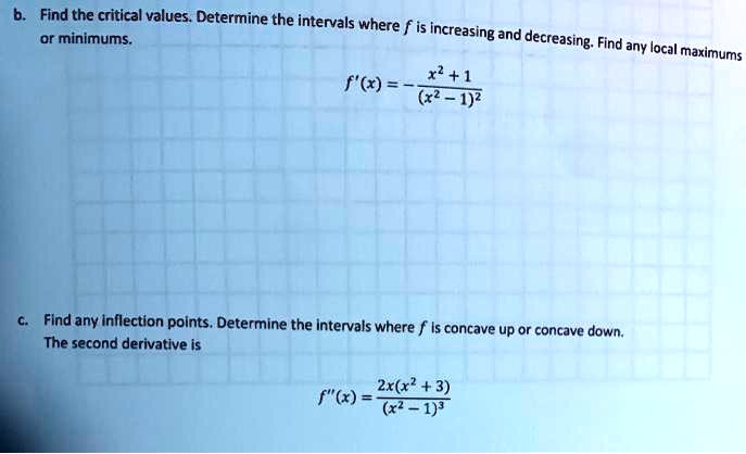 SOLVED: Find the critical values: Determine the intervals where f is minimums: increasing ad ...