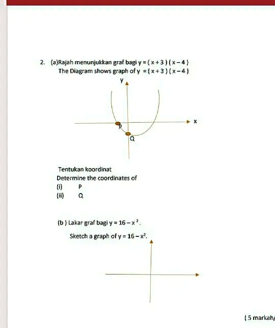 2. (a)Rajah menunjukkan graf bagi y=(x+3)(x-4) The Diagram shows graph ...