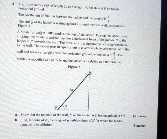 3a uniform ladder pqof length 2a and weight whas its end p on rough ...
