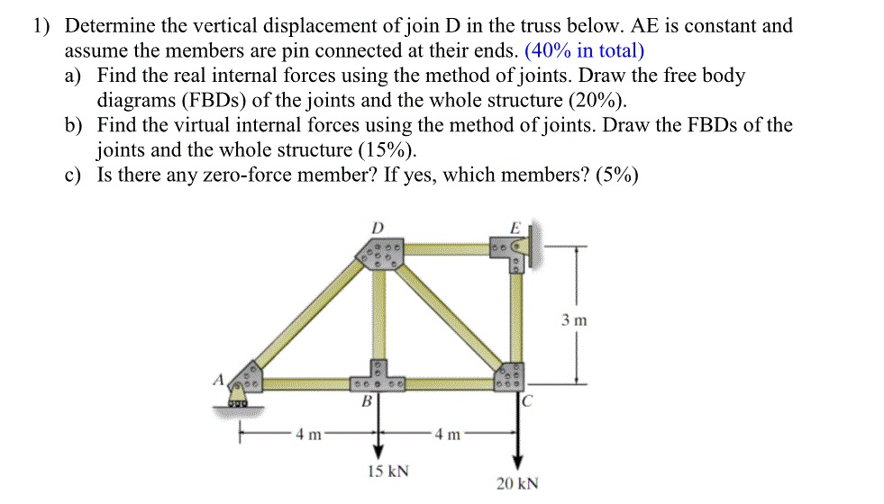 SOLVED: l) Determine the vertical displacement of join D in the truss ...