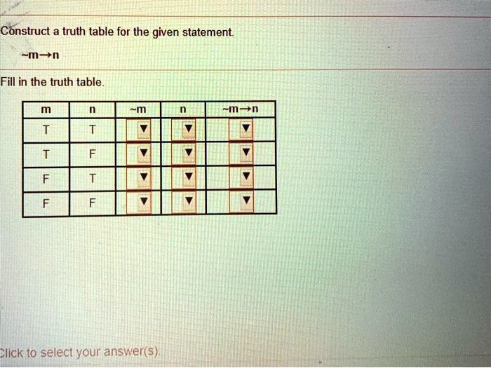 SOLVED: Construct a truth table for the given statement m-n Fill in the ...