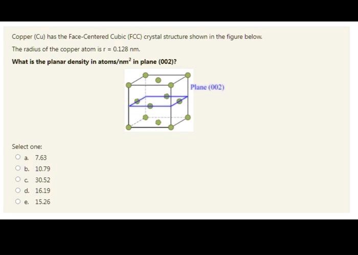 SOLVED: Copper (Cu) has the Face-Centered Cubic (FCC) crystal structure shown in the figure ...