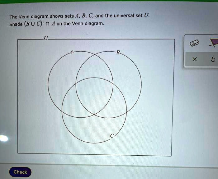 the venn diagram shows sets a b c and the unlversal set u shade bu c 0 ...