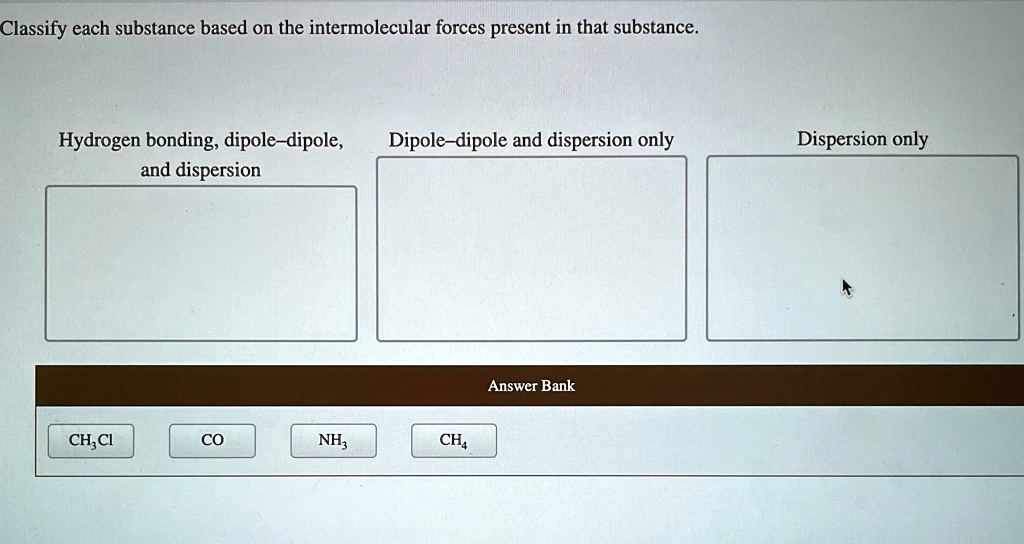 classify each substance based on the intermolecular forces present in ...