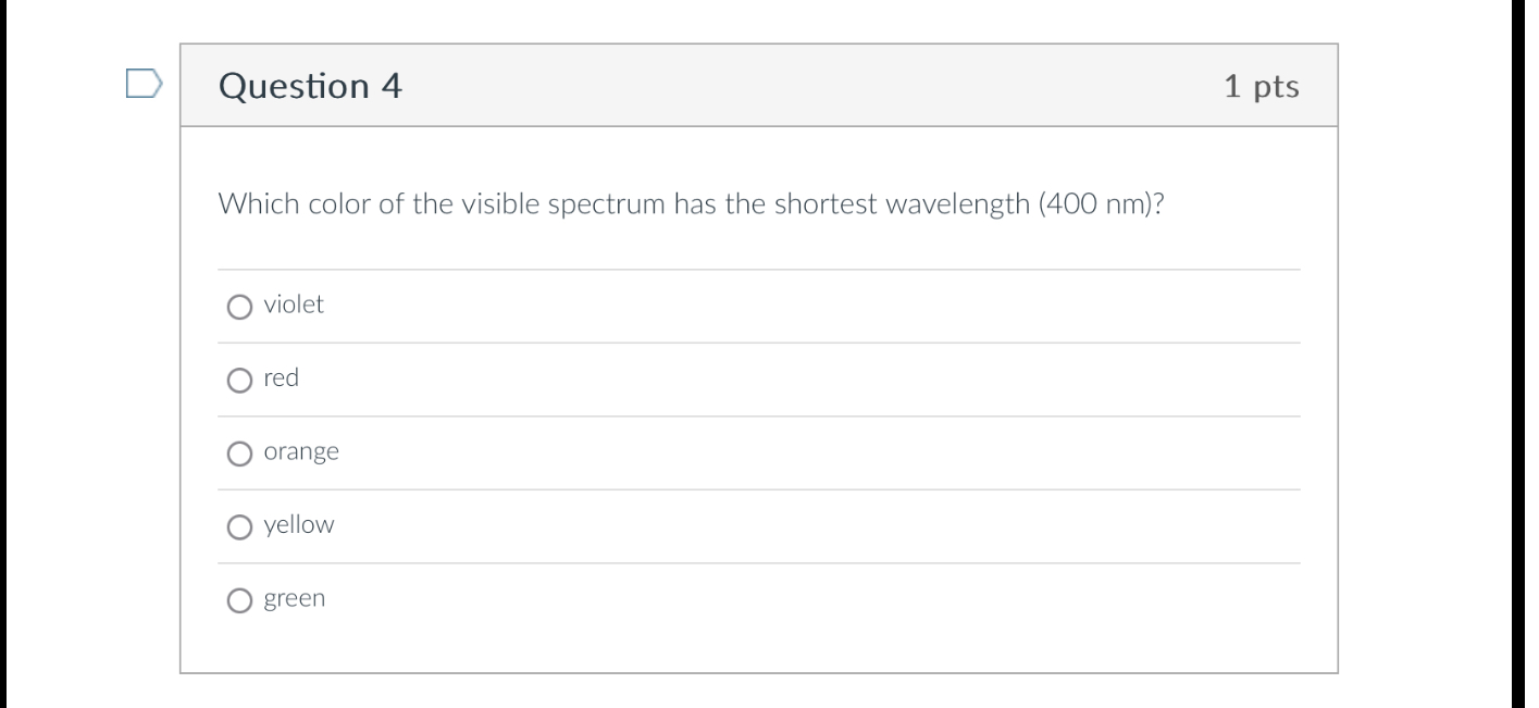 Question 4 1 pts Which color of the visible spectrum has the shortest ...