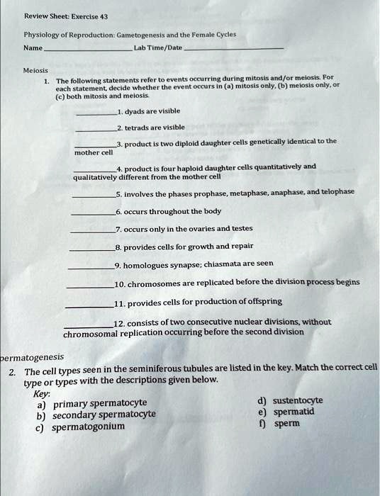 review sheetexercise 43 physiology of reproductiongametogenesis and the ...
