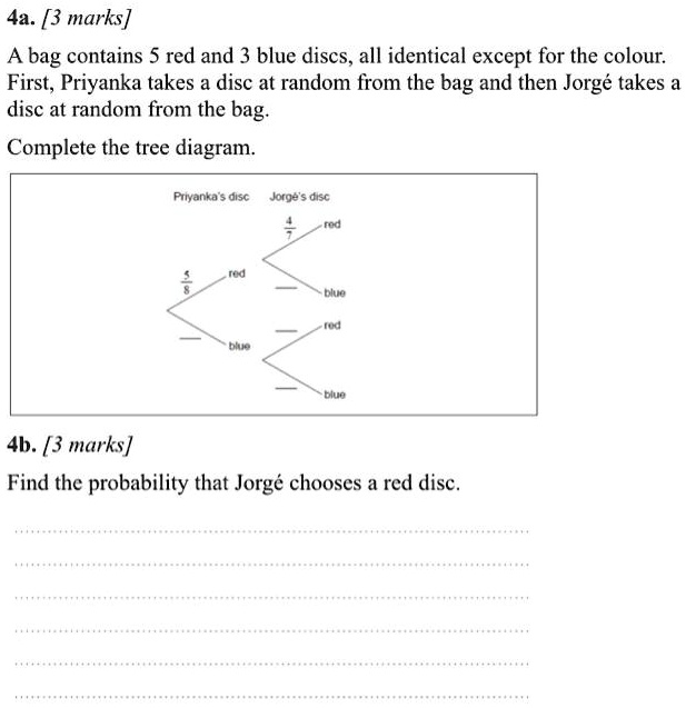 4a. [3 marks] A bag contains 5 red and 3 blue discs, all identical ...