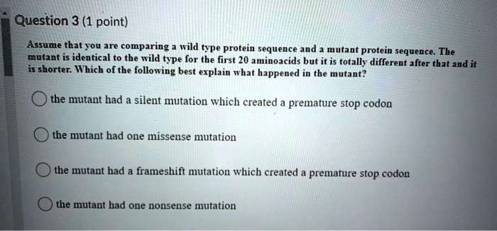 SOLVED: Question 3 (1 point) Assume that you are comparing wild type ...