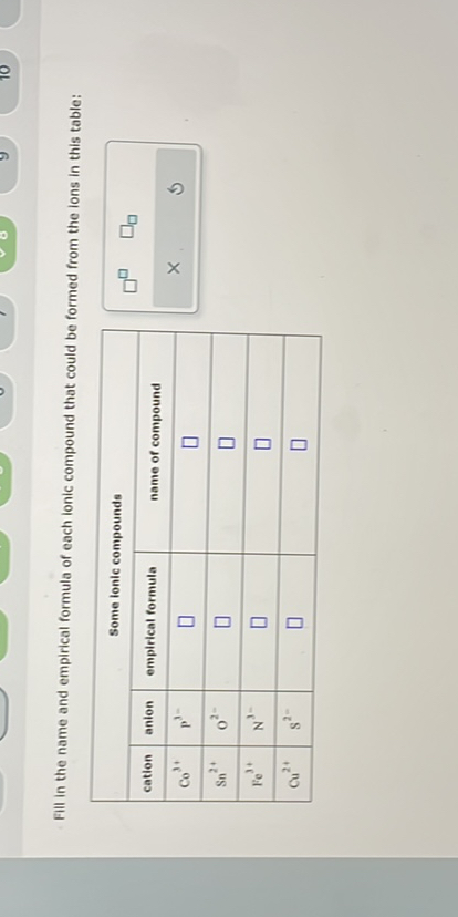 Fil in the name and empirical formula of each ionic compound that could ...