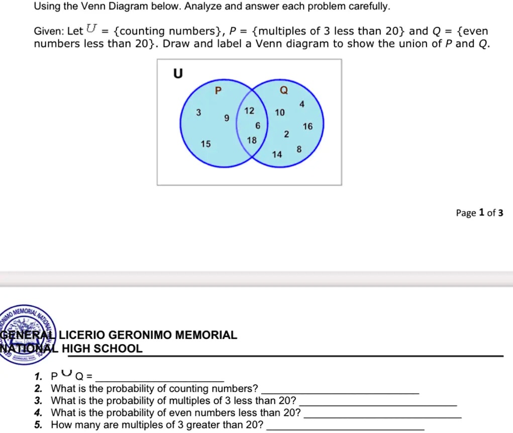 SOLVED: Using the Venn Diagram below, analyze and answer each problem carefully: Given: Let U be ...