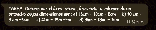 SOLVED: TAREA: Determinar el rea lateral, area total y volumen de un ... SOLVED: TAREA: Determinar el rea lateral, area total y volumen de un ...