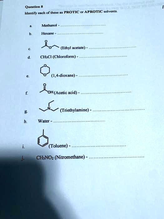 SOLVED:Quettion Identify cach of these a5 PROTIC or APROTIC solvents ...