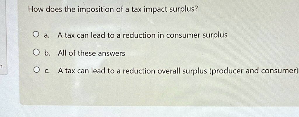 SOLVED: How does the imposition of a tax impact surplus? a. A tax can ...