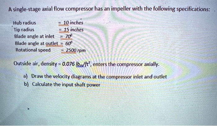 SOLVED: A single-stage axial flow compressor has an impeller with the following specifications ...