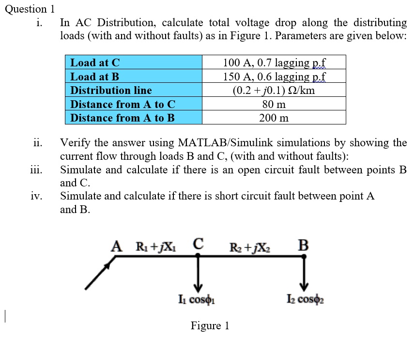 Question 1 i. In AC Distribution, calculate total voltage drop along the distributing loads ...