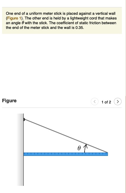 SOLVED: One end uniform meter stick placed against vertical wall ... SOLVED: One end uniform meter stick placed against vertical wall ...