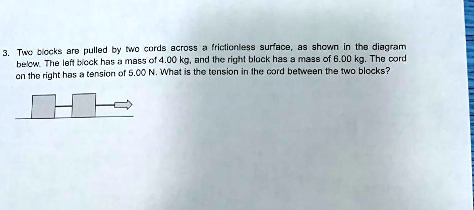 SOLVED: Two blocks are pulled by two cords across a frictionless surface , as shown in the ...