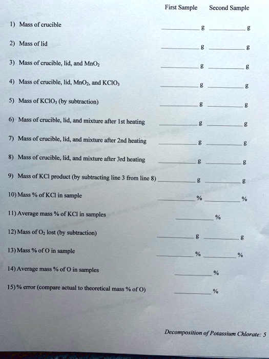 SOLVED: Mass of crucible Mass of lid Mass of crucible, lid, and MnO2 ...