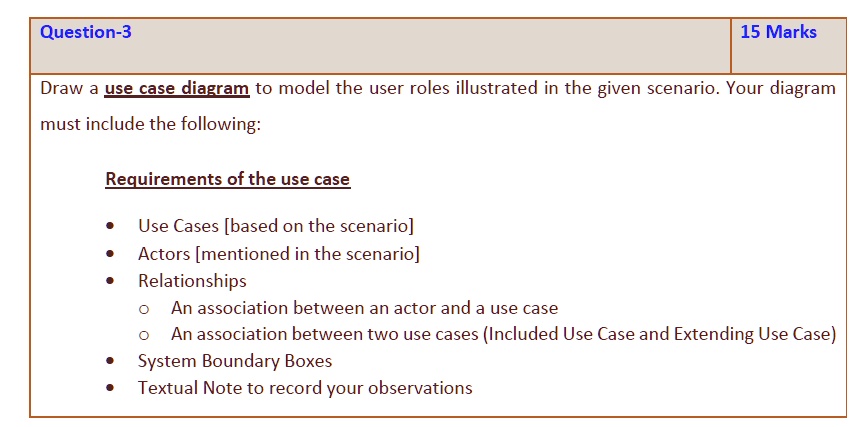 SOLVED: Question-3 15 Marks Draw a use case diagram to model the user roles illustrated in the ...