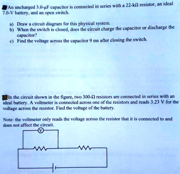 SOLVED: An uncharged 3.0-UF capacitor (s connecled in series with a 22 ...