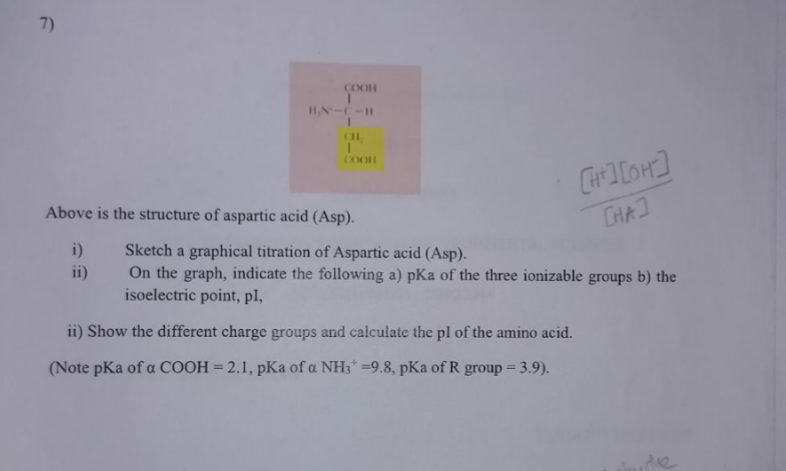 7) Above is the structure of aspartic acid (Asp). i) Sketch a graphical ...