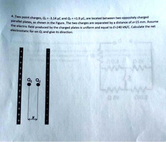 two point charges 314 uc and 19 mc are located between two oppositely ...