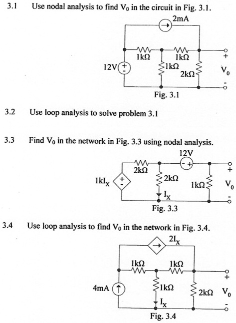 3.1 Use nodal analysis to find Vo in the circuit in Fig. 3.1. 2mA W ? 1k? 1k? + 12V(+ 1k? 2k? Vo ...