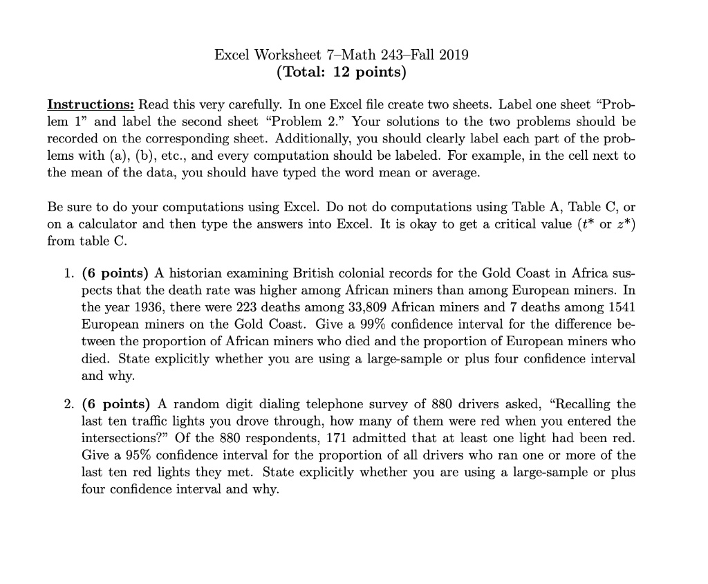 SOLVED Excel Worksheet 7 Math 243 Fall 2019 Total 12 Points