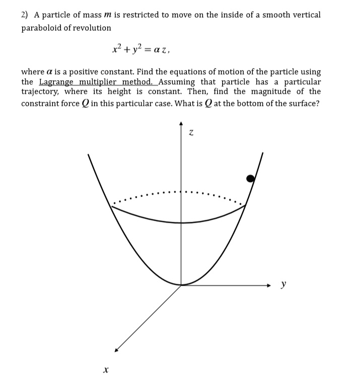 a particle of mass m is restricted to move on the inside of a smooth vertical paraboloid of ...