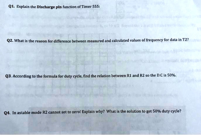 Q1. Explain the Discharge pin function of Timer 555: Q2. What is the ...