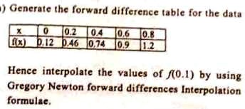 SOLVED: Generate the forward difference table for the data able[[x,0,0.2,0.4,0.6,0.8],[f(x),0.12 ...