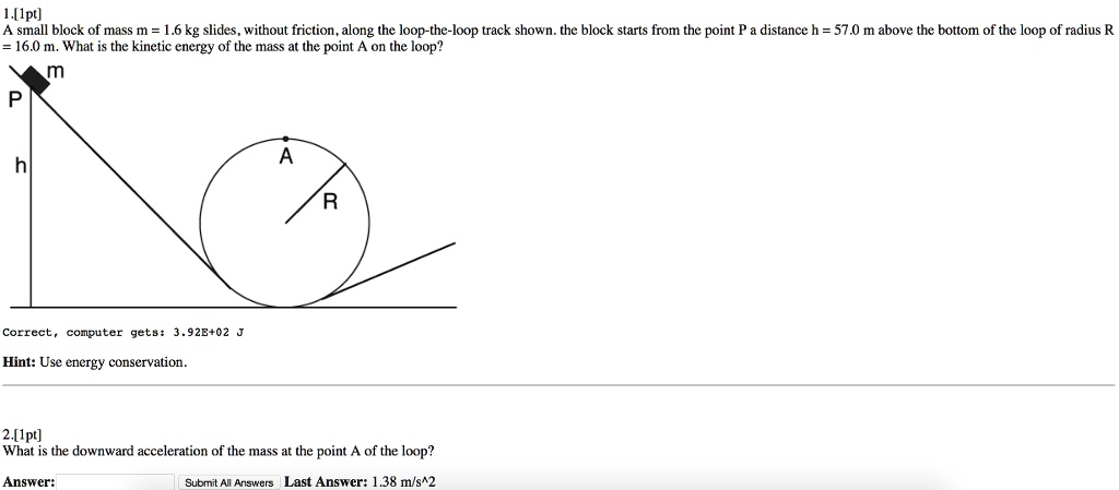 SOLVED: A small block of mass m = 1.6 kg slides, without friction ...