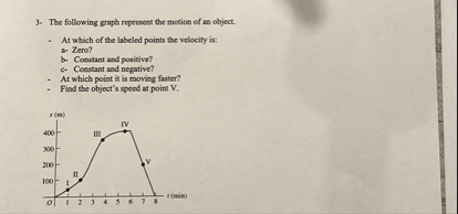 3. The following graph represent the motion of an object. - At which of ...