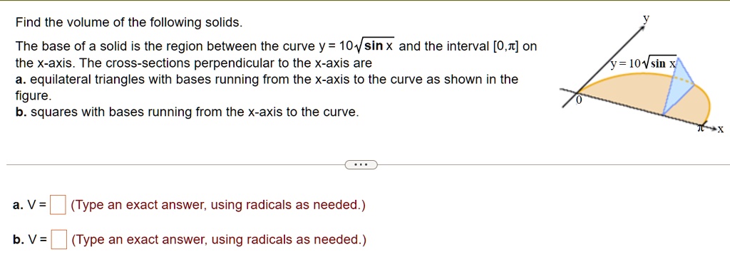 Find the volume of the following solids. The base of a solid is the region between the curve y ...