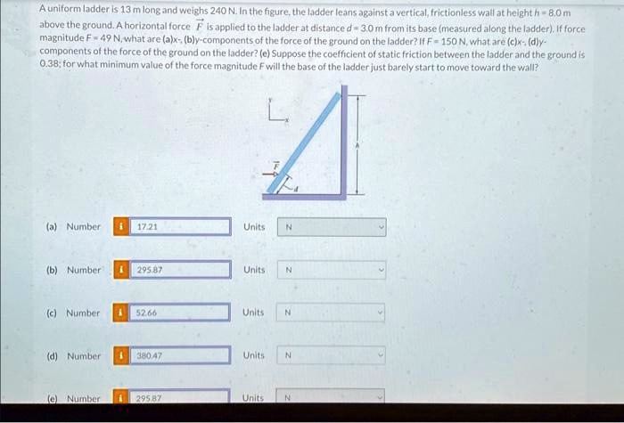 A uniform ladder is 13 m long and weighs 240 N. In the figure, the ...