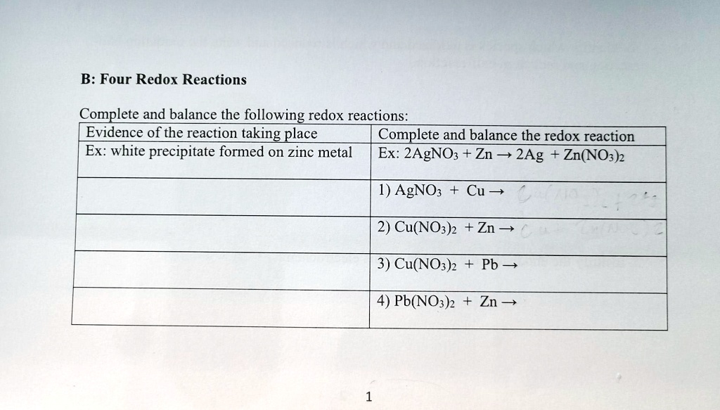 SOLVED:B: Four Redox Reactions Complete and balance the following redox ...