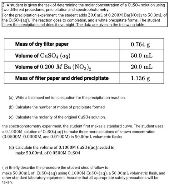 2a student is given the task of determining the molar concentration of a cuso4 solution using ...