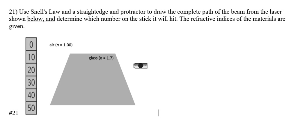 SOLVED: 21) Use Snell's Law and a straightedge and protractor to draw ...