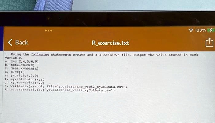 1 Using The Following Statements Create And A R Markdown File Output The Value Stored In Each