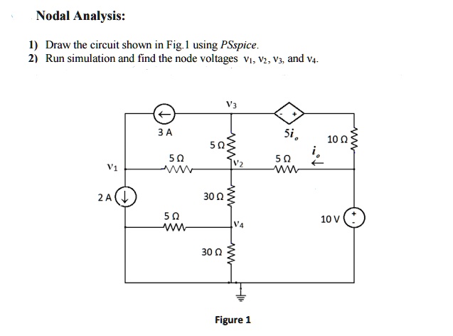 Nodal Analysis: 1) Draw the circuit shown in Fig. 1 using PSspice. 2) Run simulation and find ...