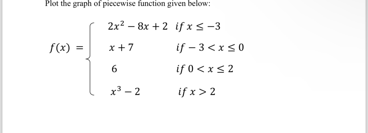 Plot the graph of piecewise function given below: f(x)={ 2 x^2-8 x+2 if x ≤-3 x+7 if -3