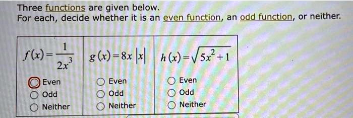 Solved Three Functions Are Given Below For Each Decide Whether It Is An Even Function An Odd