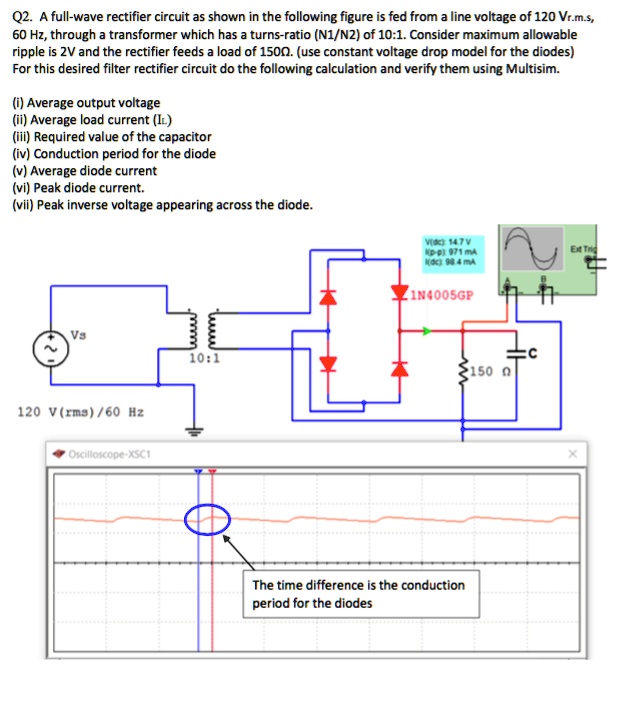 SOLVED: Q2. A full-wave rectifier circuit, as shown in the following figure, is fed from a line ...