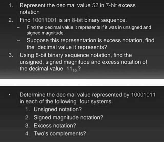 Solved Represent The Decimal Value 52 In 7 Bit Excess Notation Find