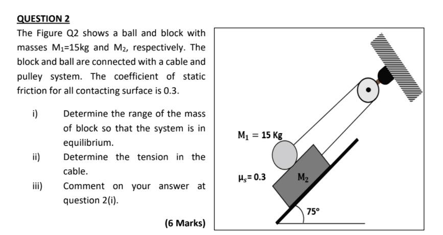 SOLVED: QUESTION 2: The Figure Q2 shows a ball and block with masses M1 = 15 kg and M2 ...