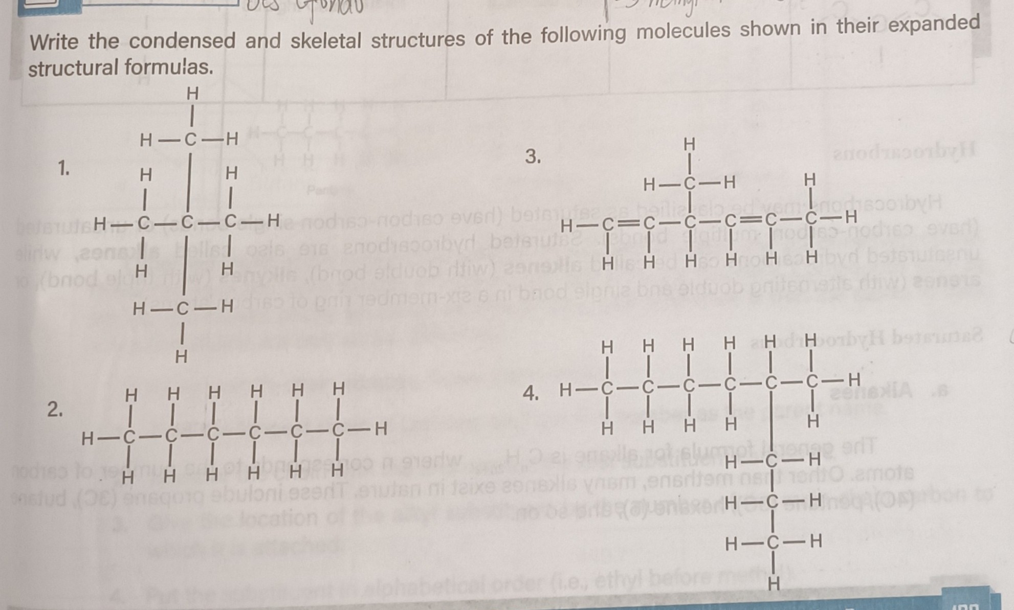 Write the condensed and skeletal structures of the following molecules shown in their expanded ...