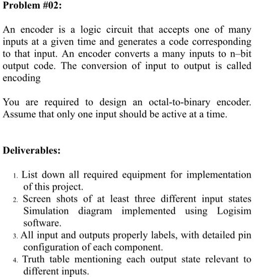 Solved An Encoder Is A Logic Circuit That Accepts One Of Many Inputs At A Given Time And