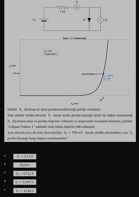 ?ekilde D1 diyotuna ait ak?m-gerilim karakteristi?i grafi??i verilmi?tir. Yine ?ekilde verilen ...