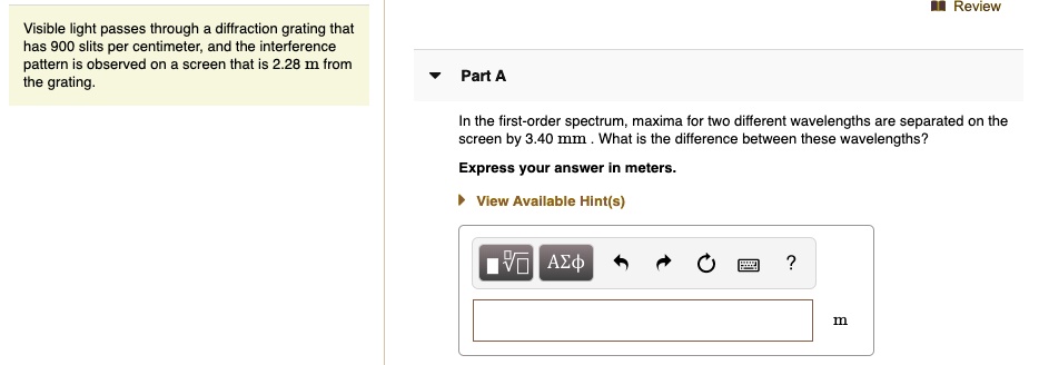 SOLVED: Review Visible light passes through diffraction grating that has 900 slits per ...